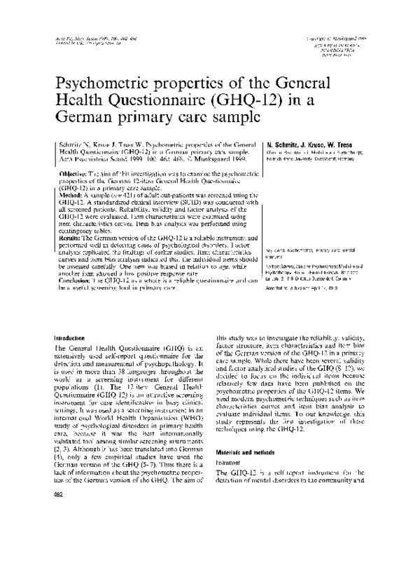 (PDF) Psychometric properties of the General Health Questionnaire (GHQ ...