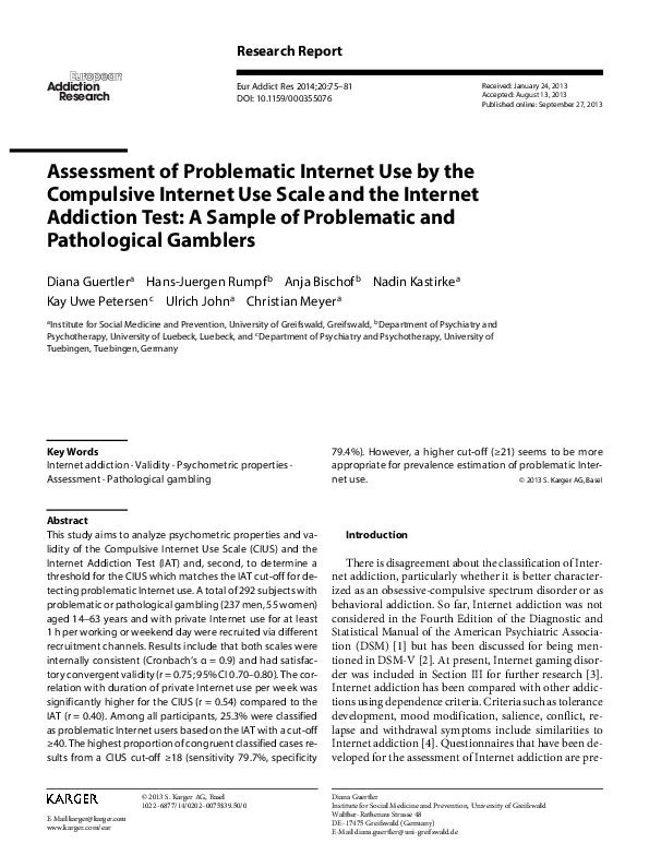 Pdf Assessment Of Problematic Internet Use By The Compulsive Internet Use Scale And The