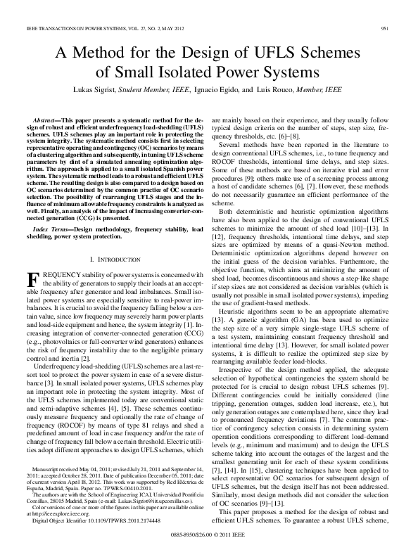 (PDF) A method for the design of UFLS schemes of small isolated power systems