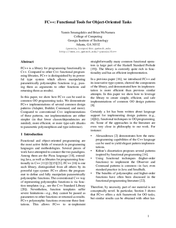 (PDF) FC++: Functional tools for object-oriented tasks