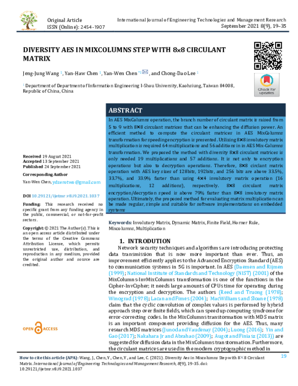 (PDF) DIVERSITY AES IN MIXCOLUMNS STEP WITH 8×8 CIRCULANT MATRIX