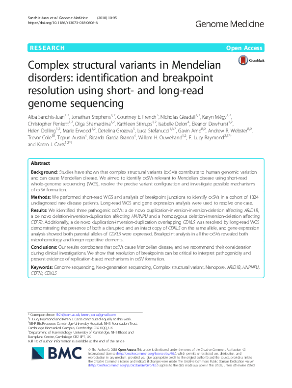 (PDF) Complex structural variants in Mendelian disorders: identification and breakpoint ...