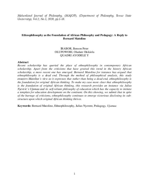 (PDF) Ethnophilosophy as the Foundation of African Philosophy and ...