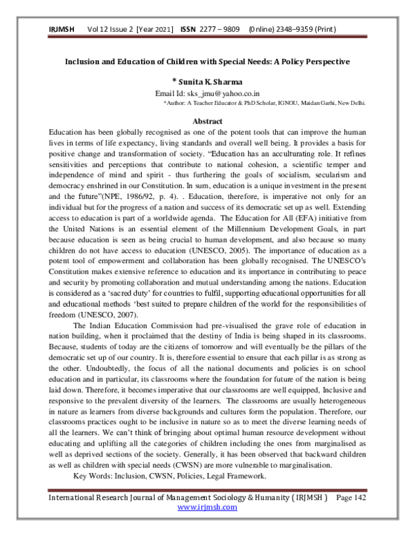 (PDF) Inclusion and Education of Children with Special Needs: A Policy ...