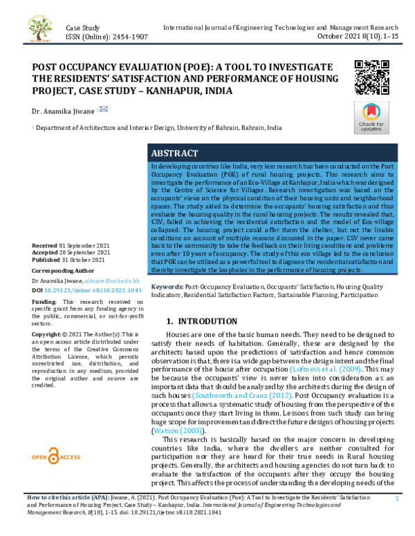 (PDF) POST OCCUPANCY EVALUATION (POE): A TOOL TO INVESTIGATE THE ...