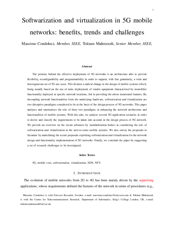 Pdf Softwarization And Virtualization In 5g Mobile Networks Benefits Trends And Challenges