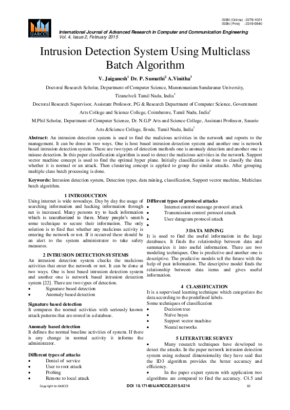 (PDF) Intrusion Detection System Using Multiclass Batch Algorithm