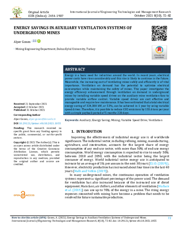 (PDF) ENERGY SAVINGS IN AUXILIARY VENTILATION SYSTEMS OF UNDERGROUND MINES