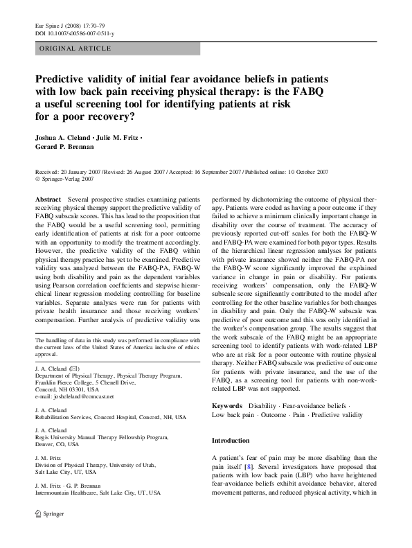 (PDF) Predictive validity of initial fear avoidance beliefs in patients ...