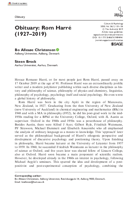 (PDF) Obituary: Rom Harré (1927–2019)