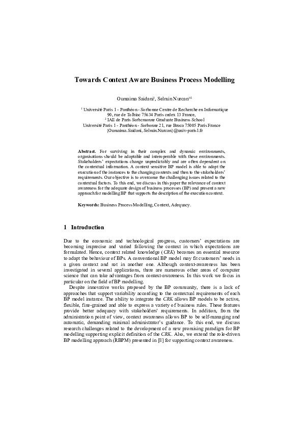 (PDF) Towards context aware business process modelling