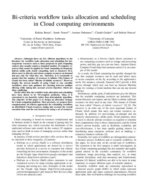 Pdf Bi Criteria Workflow Tasks Allocation And Scheduling In Cloud Computing Environments