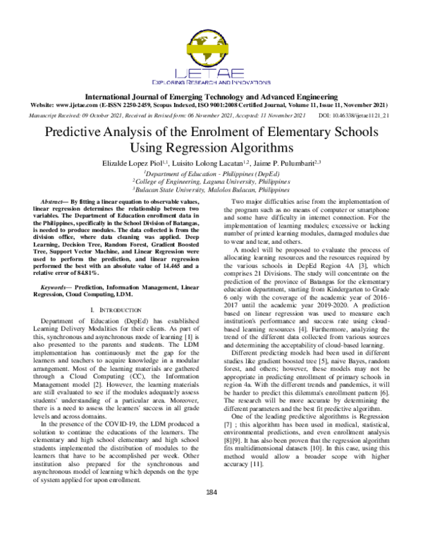 (PDF) Predictive Analysis of the Enrolment of Elementary Schools Using Regression Algorithms