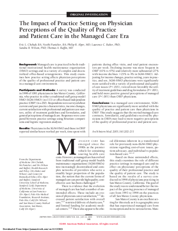 (PDF) The Impact of Practice Setting on Physician Perceptions of the ...