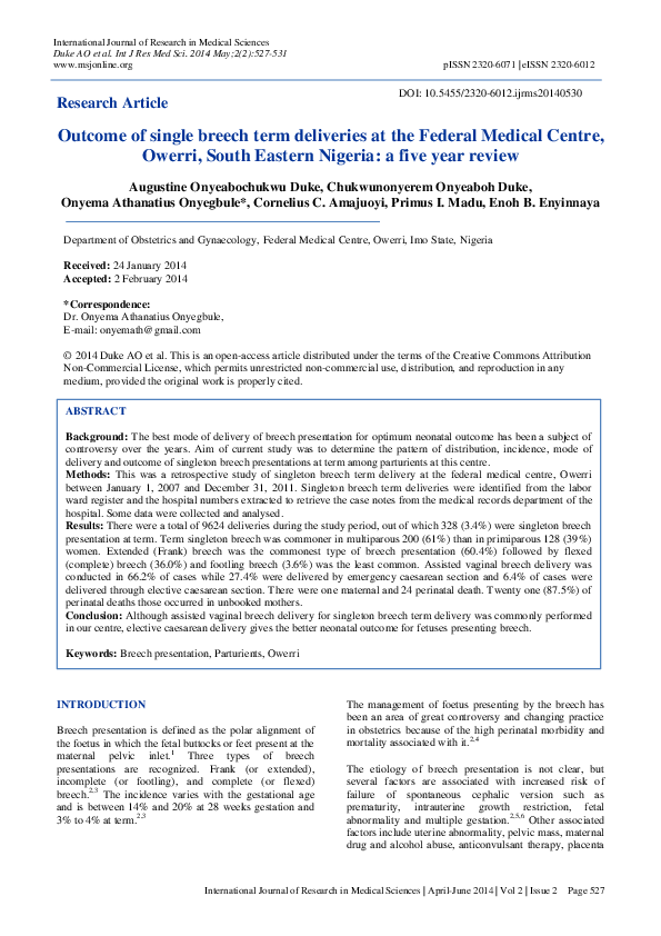 (PDF) Outcome of single breech term deliveries at the Federal Medical ...