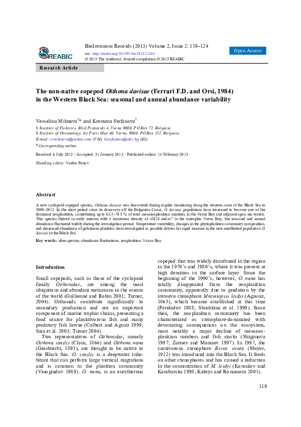 (PDF) The non-native copepod Oithona davisae (Ferrari F.D. and Orsi ...