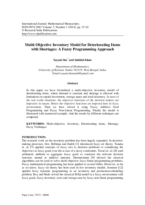 Pdf Multi Objective Inventory Model For Deteriorating Items With Shortages A Fuzzy