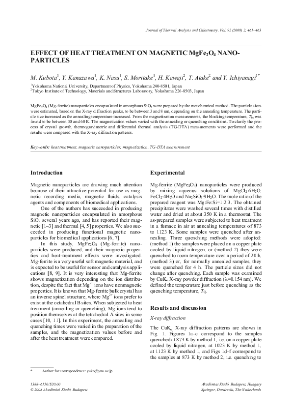 (PDF) Effect of heat treatment on magnetic MgFe2O4 nanoparticles | Shinji Moritake - Academia.edu