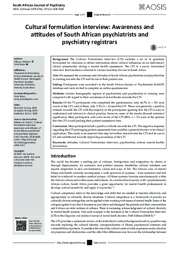 (PDF) Cultural formulation interview: Awareness and attitudes of South ...