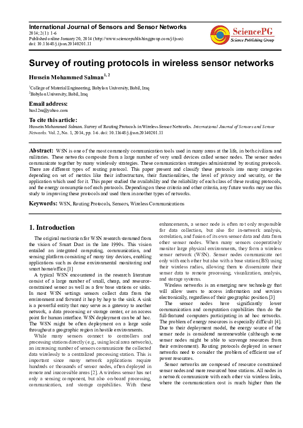 Pdf Survey Of Routing Protocols In Wireless Sensor Networks 