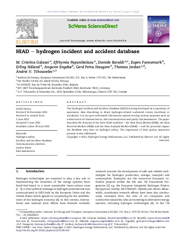 (PDF) HIAD – hydrogen incident and accident database