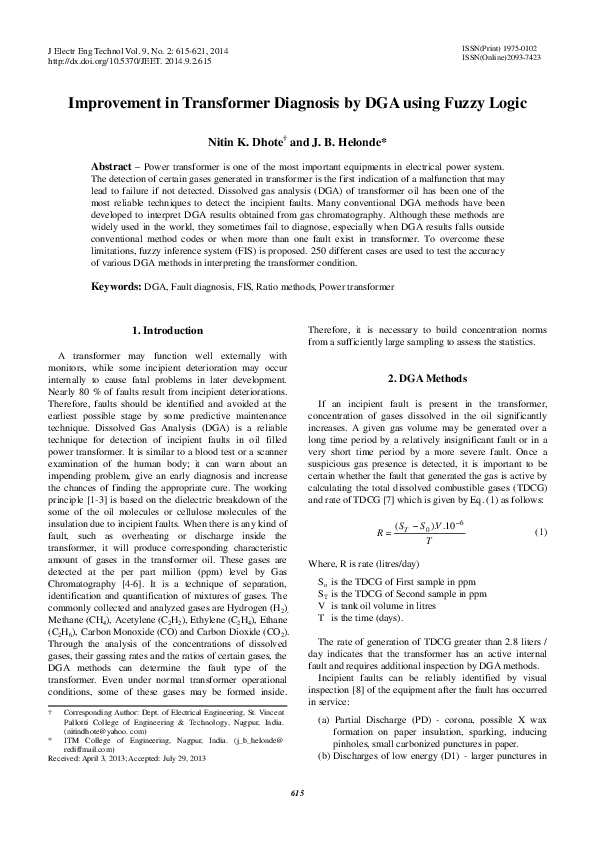 (PDF) Improvement in Transformer Diagnosis by DGA using Fuzzy Logic