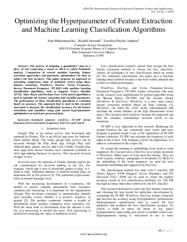 Pdf Optimizing The Hyperparameter Of Feature Extraction And Machine Learning Classification