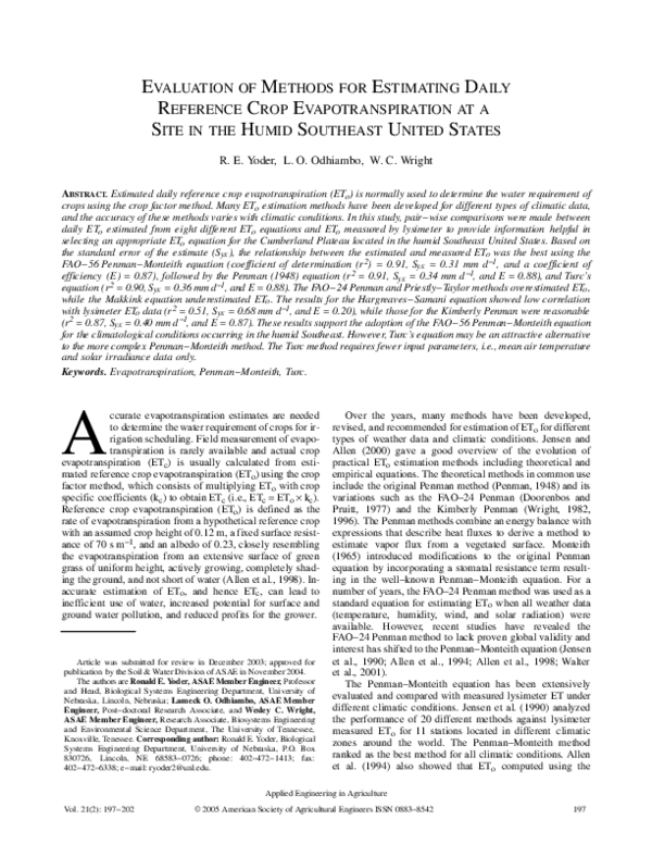 Pdf Evaluation Of Methods For Estimating Daily Reference Crop Evapotranspiration At A Site In