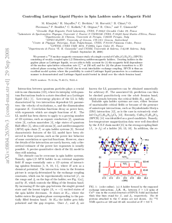 (PDF) Controlling Luttinger Liquid Physics in Spin Ladders under a Magnetic Field