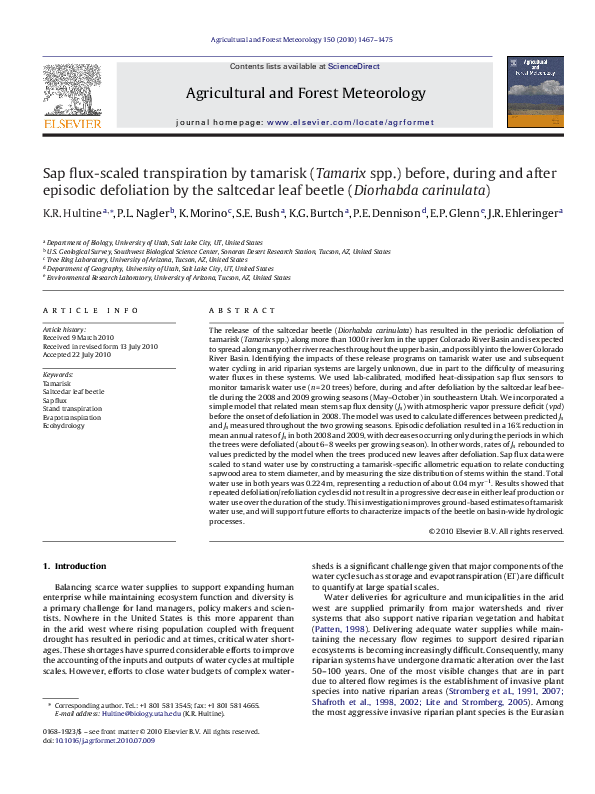 (PDF) Sap flux-scaled transpiration by tamarisk (Tamarix spp.) before ...
