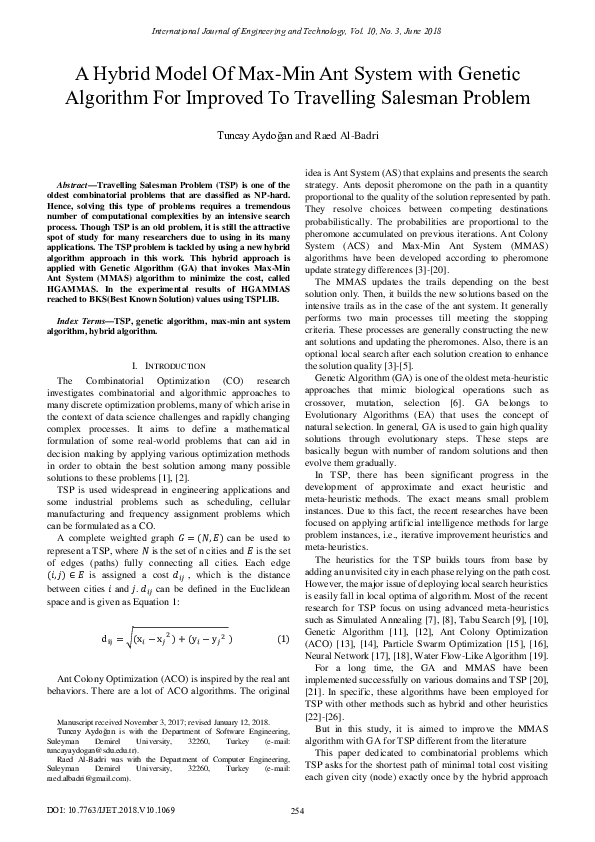 Pdf A Hybrid Model Of Max Min Ant System With Genetic Algorithm For Improved To Travelling