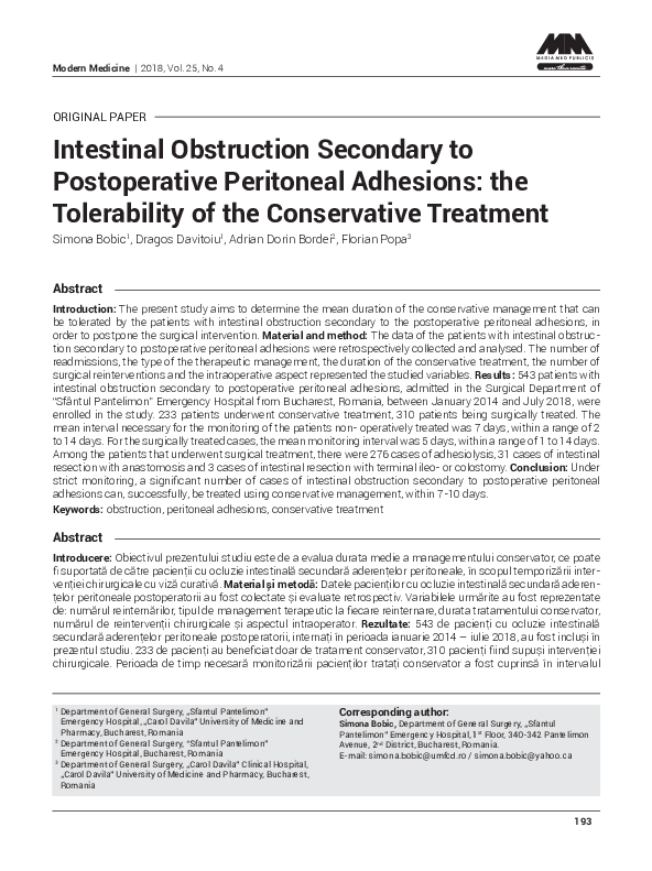 (PDF) Intestinal Obstruction Secondary to Postoperative Peritoneal ...