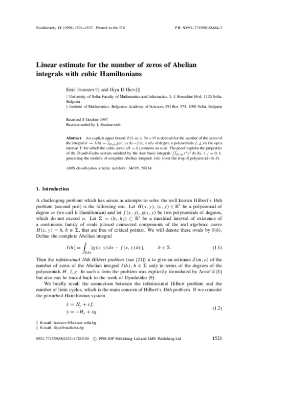(PDF) Linear estimate for the number of zeros of Abelian integrals with ...
