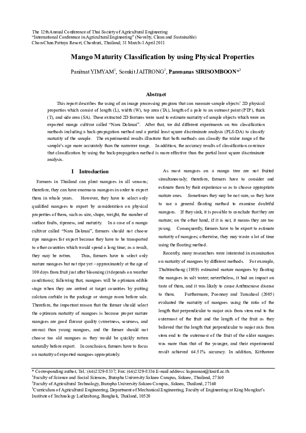 (PDF) Mango maturity classification by using physical properties