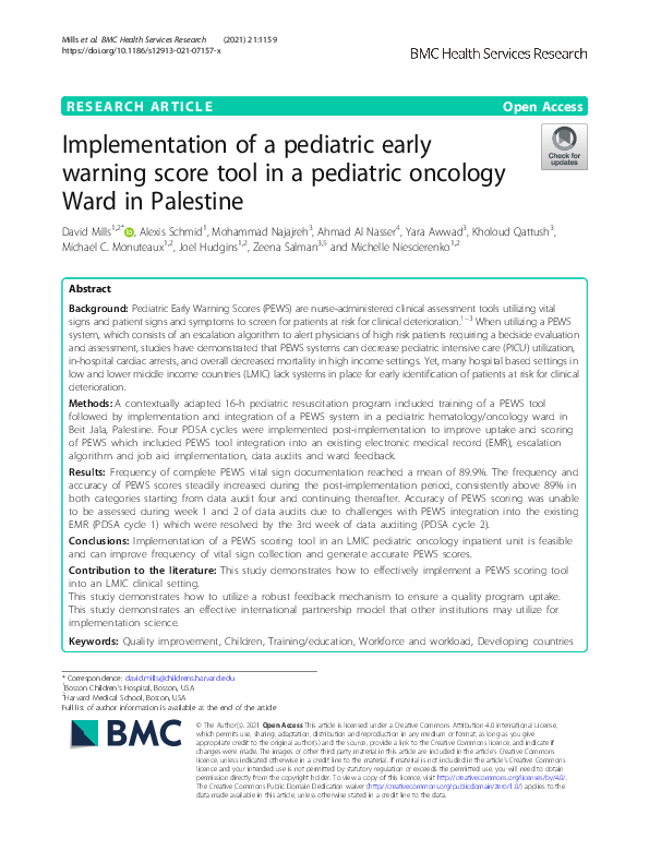 (PDF) PEWS Tool Implementation in Palestine Oncology Ward