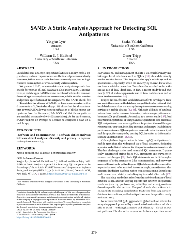 (PDF) SAND: a static analysis approach for detecting SQL antipatterns