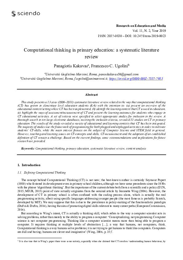 Pdf Computational Thinking In Primary Education A Systematic Literature Review Panagiotis