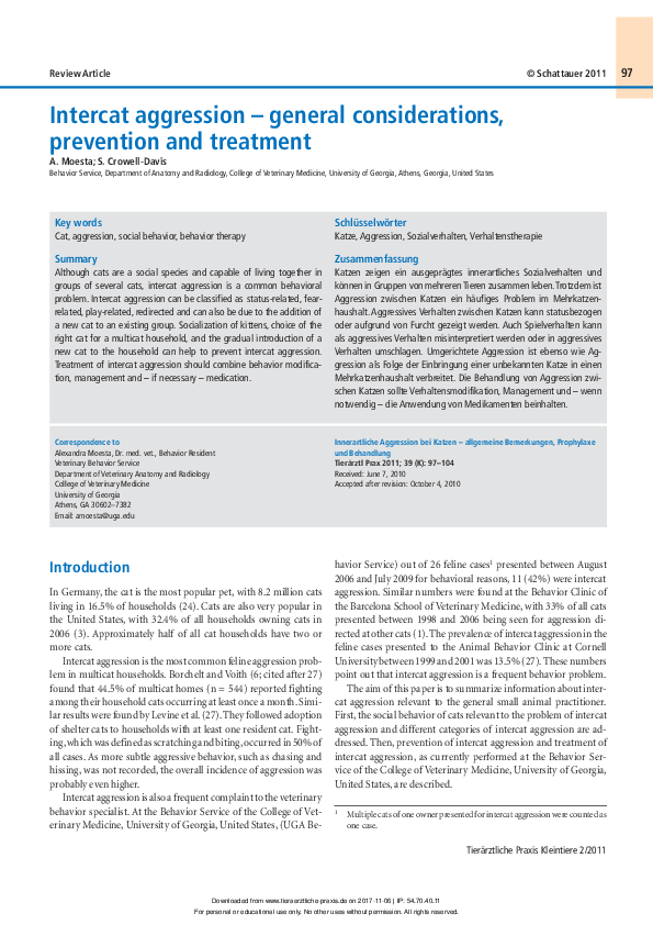 (PDF) Intercat aggression - general considerations, prevention and treatment