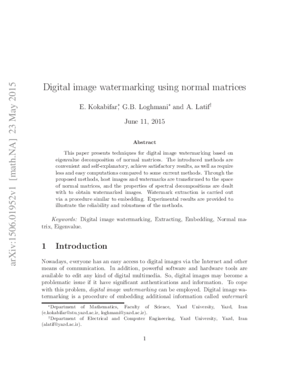 (PDF) Digital image watermarking using normal matrices