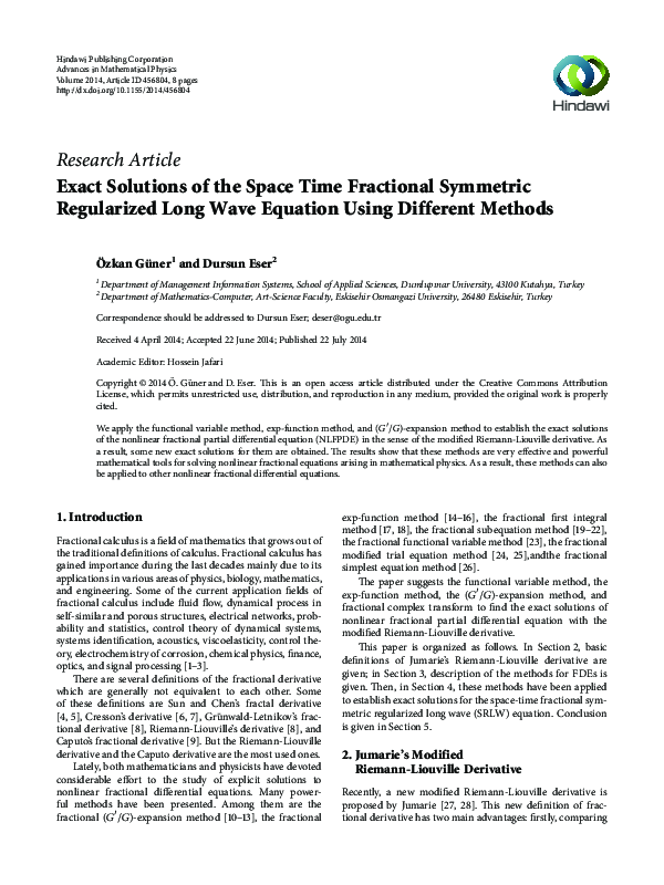 (PDF) Exact Solutions of the Space Time Fractional Symmetric Regularized Long Wave Equation ...