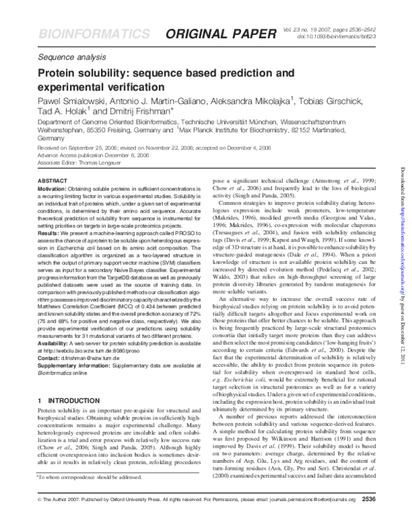 (PDF) Protein solubility: sequence based prediction and experimental ...