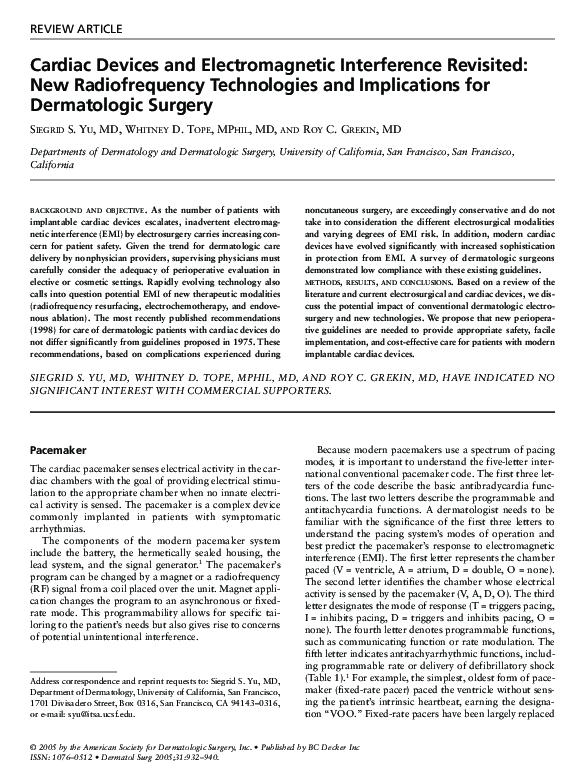 (PDF) Cardiac Devices and Electromagnetic Interference Revisited: New Radiofrequency ...