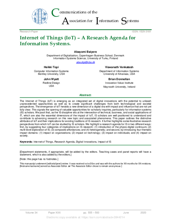 (PDF) Internet of Things (IoT) -A Research Agenda for Information Systems
