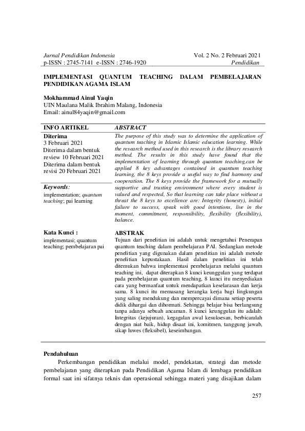 (PDF) Implementasi Quantum Teaching Dalam Pembelajaran Pendidikan Agama Islam