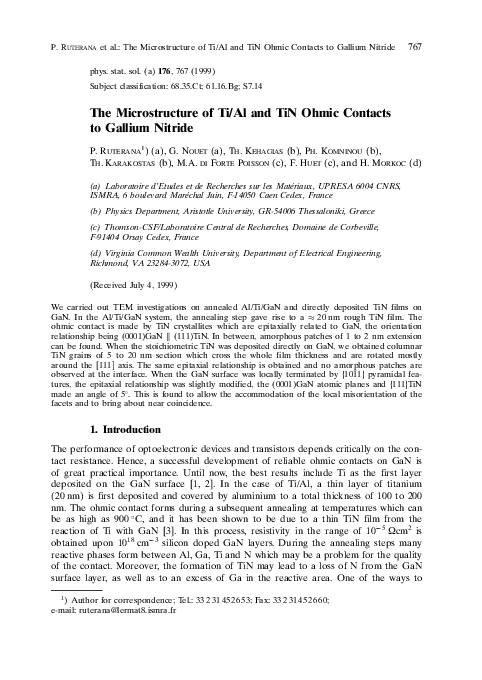 (PDF) The Microstructure of Ti/Al and TiN Ohmic Contacts to Gallium Nitride