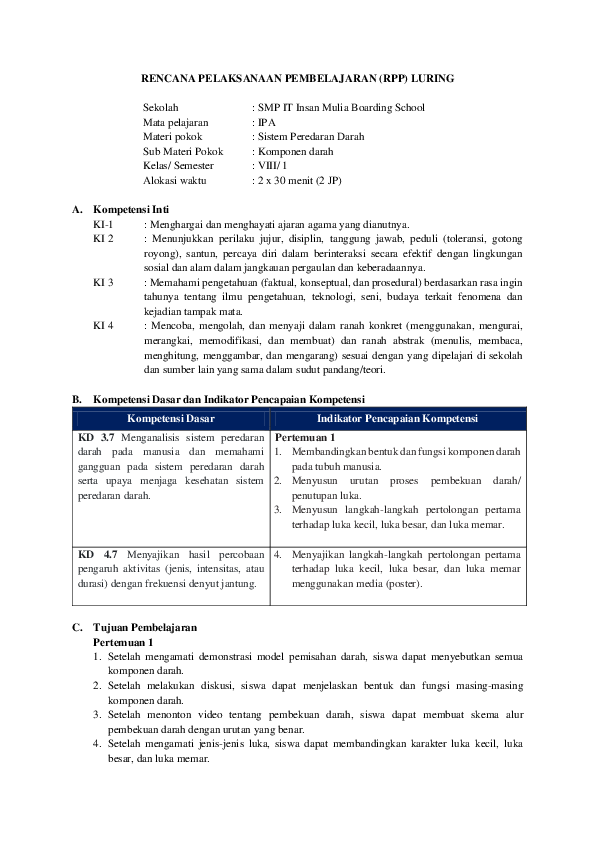 (PDF) RENCANA PELAKSANAAN PEMBELAJARAN (RPP) LURING Sekolah : SMP IT Insan Mulia Boarding School ...