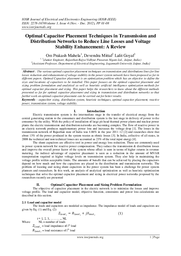 (PDF) Optimal Capacitor Placement Techniques in Transmission and Distribution Networks to Reduce ...