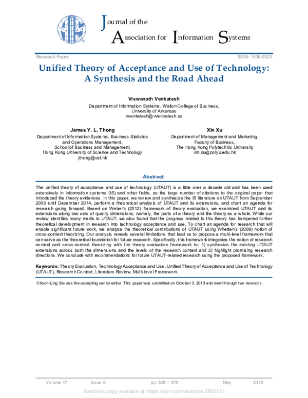 (PDF) Unified Theory of Acceptance and Use of Technology: A Synthesis and the Road Ahead