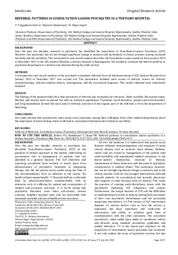 (PDF) Referral Patterns in Consultation Liaison Psychiatry in a ...