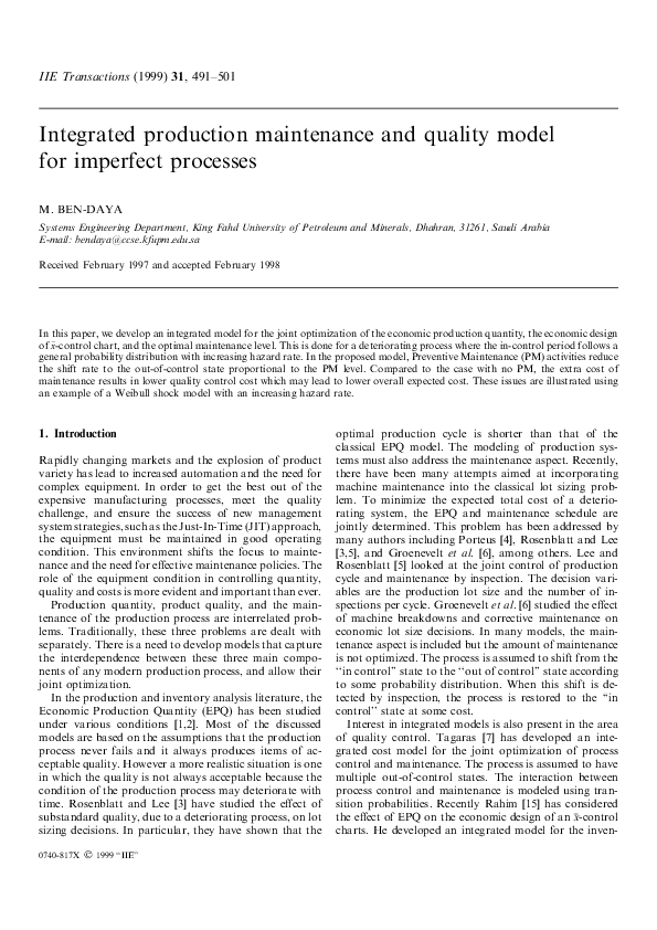 (PDF) Integrated production maintenance and quality model for imperfect ...